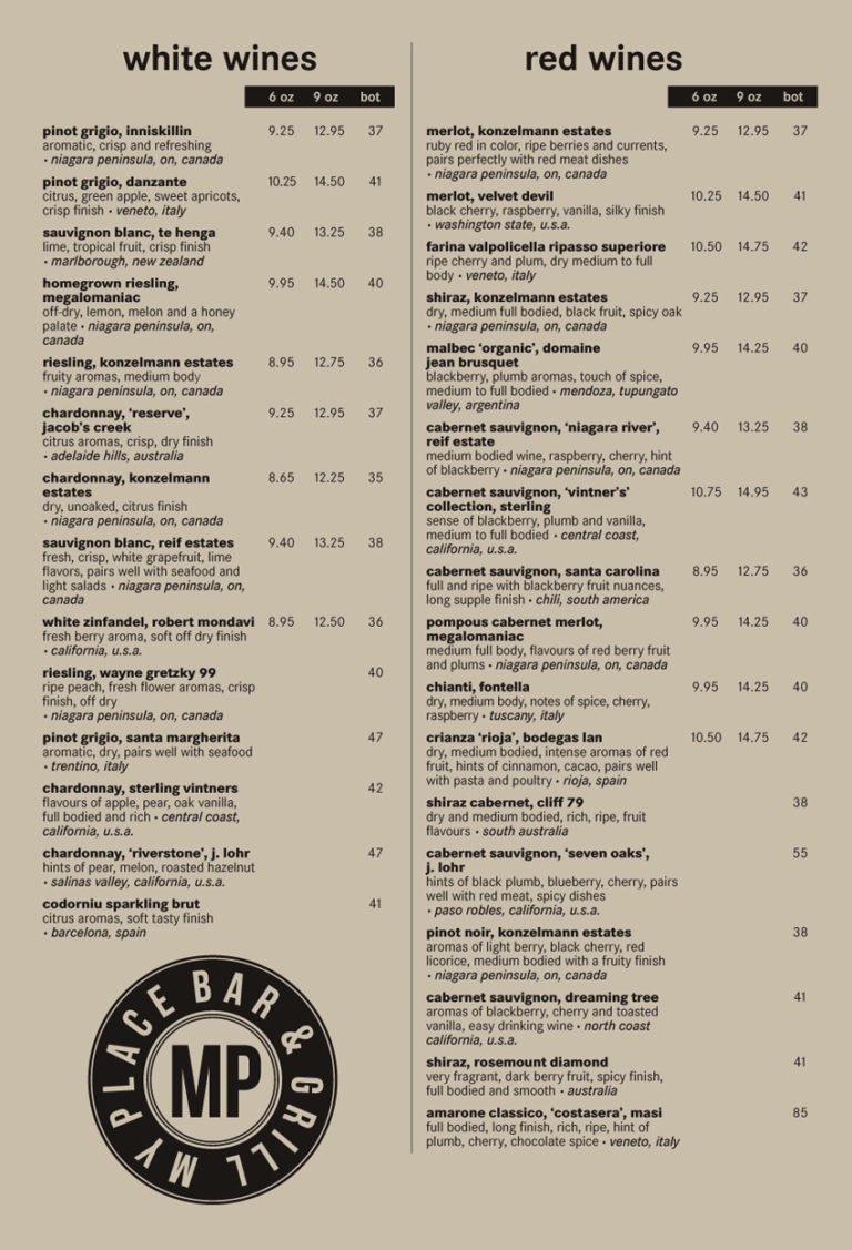 Patio Menu | My Place Bar & Grill