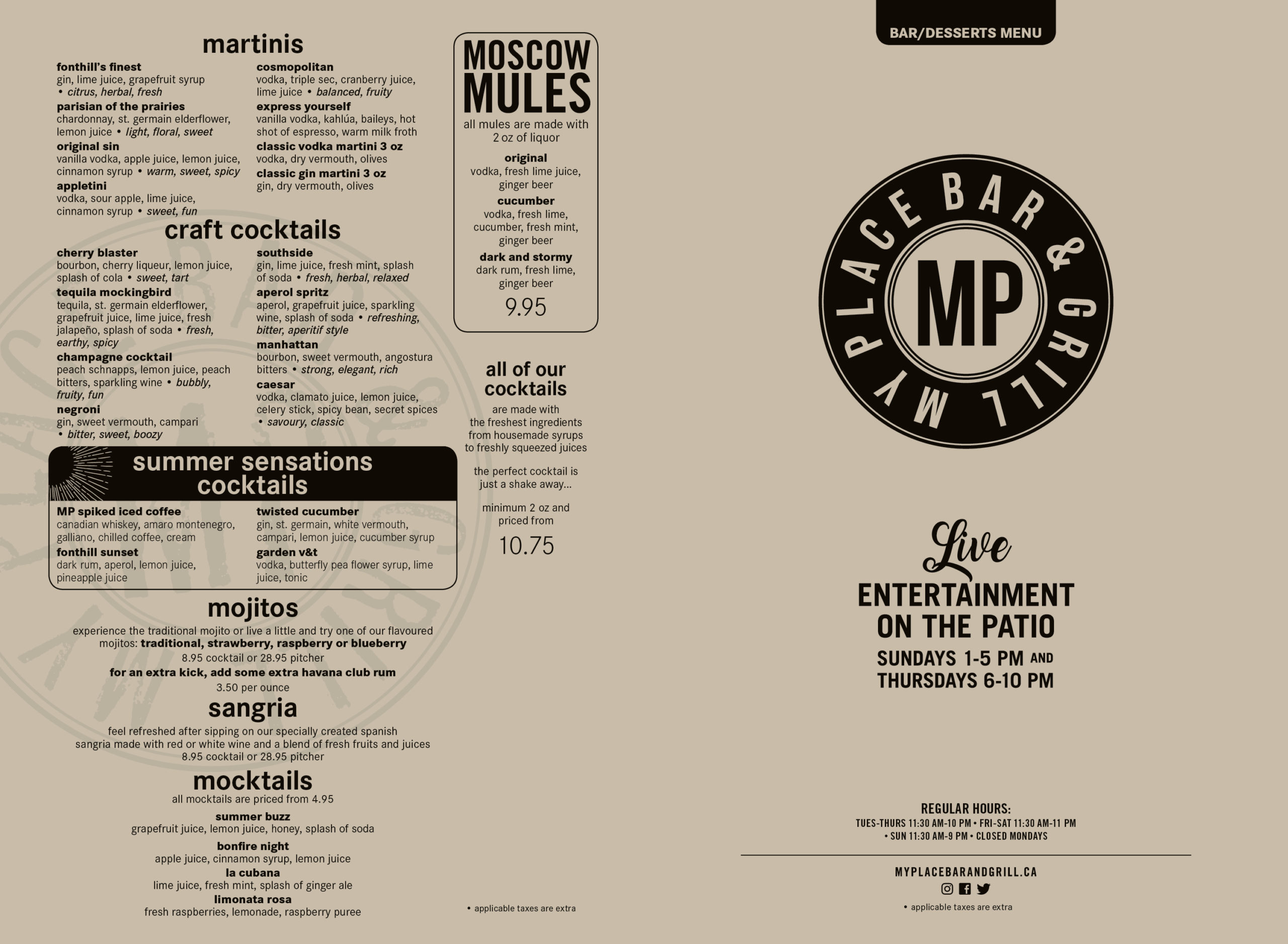 Menus | MY PLACE BAR & GRILL | Fonthill, Niagara Restaurant