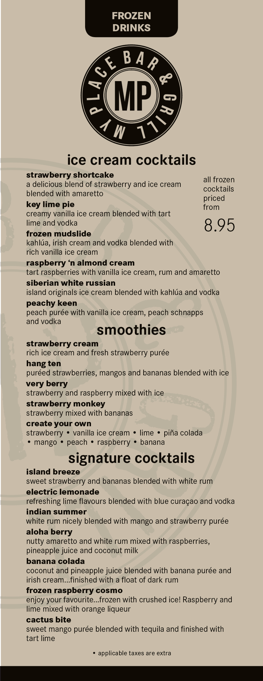 Menus | MY PLACE BAR & GRILL | Fonthill, Niagara Restaurant