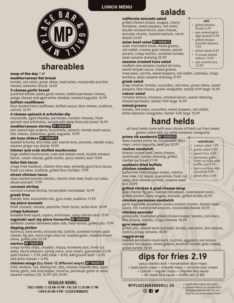 Menus | MY PLACE BAR & GRILL | Fonthill, Niagara Restaurant