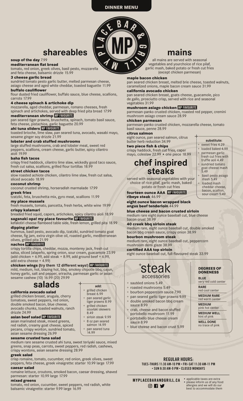 Menus | MY PLACE BAR & GRILL | Fonthill, Niagara Restaurant