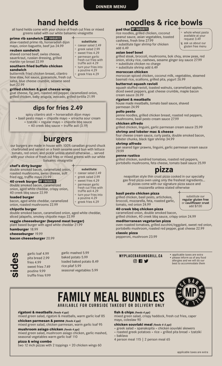 Menus | MY PLACE BAR & GRILL | Fonthill, Niagara Restaurant
